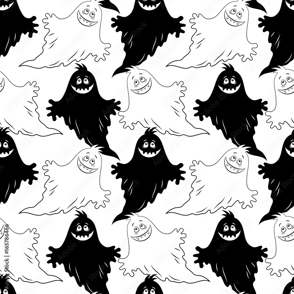 Seamless Patterns, Symbols Halloween Holiday, Ghosts, Black Silhouettes ...