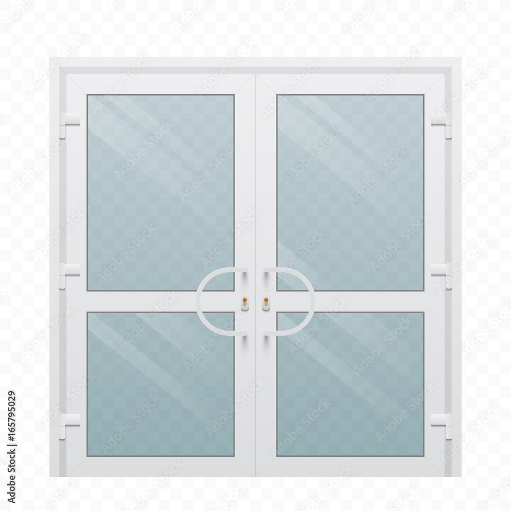 Double plastic door with transparent glass window on simple background ...