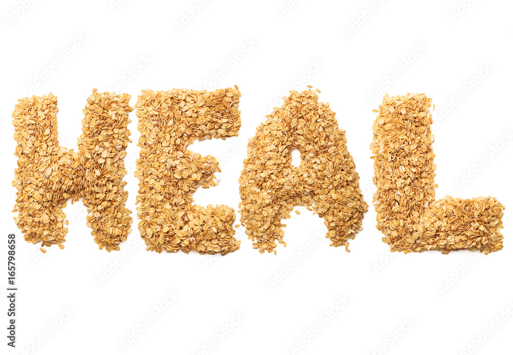 "heal" written with oat grains word. Shape of oatmeal flakes on ...