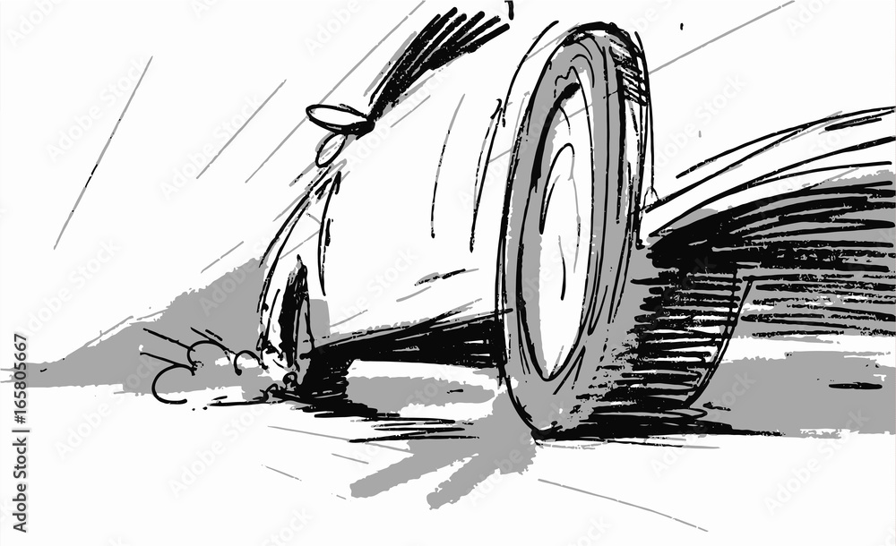 Car speeding wheel Vector sketch illustration for advertise, insurance ...