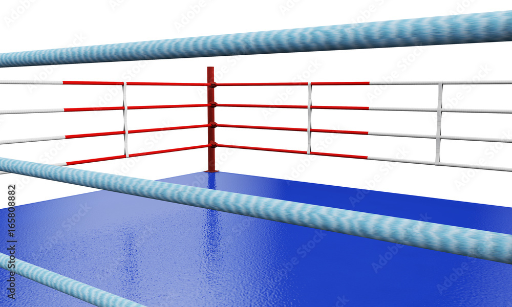 A 3D render of a modern boxing ring with opposing blue and red corners ...