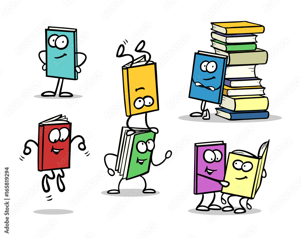 Viele Bücher als lustige Cartoon Charaktere Stock-Illustration | Adobe ...