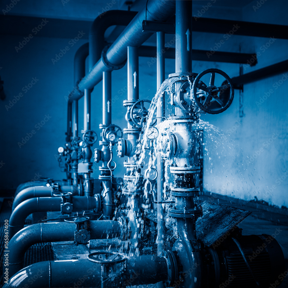 water leakage from steel pipelines in a plant,Industrial zone. Stock ...