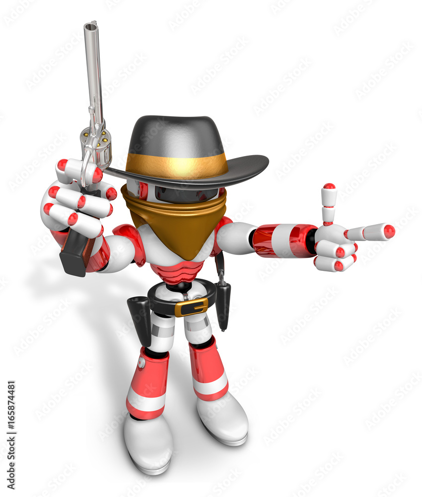 3D Red Robot villain the right hand guides and the left hand is holding ...