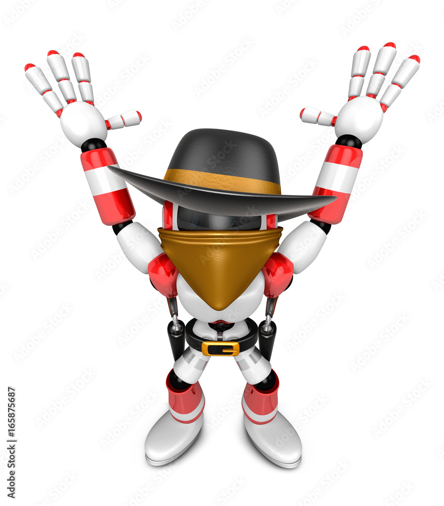 3D Red villain robot with both hands in a gesture of surrender. Create ...