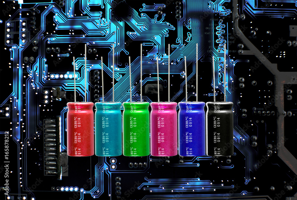 Electrolytic Capacitors with multi-color on electronic circuit pattern ...