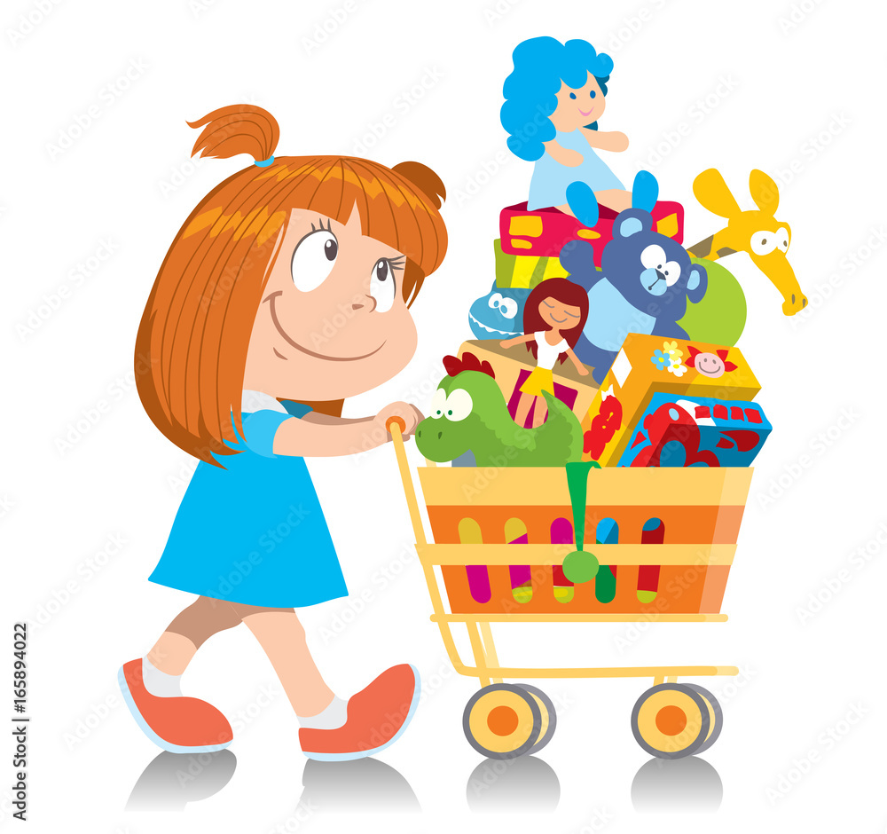 Cute little girl in a blue dress pushes a shopping trolley with ...
