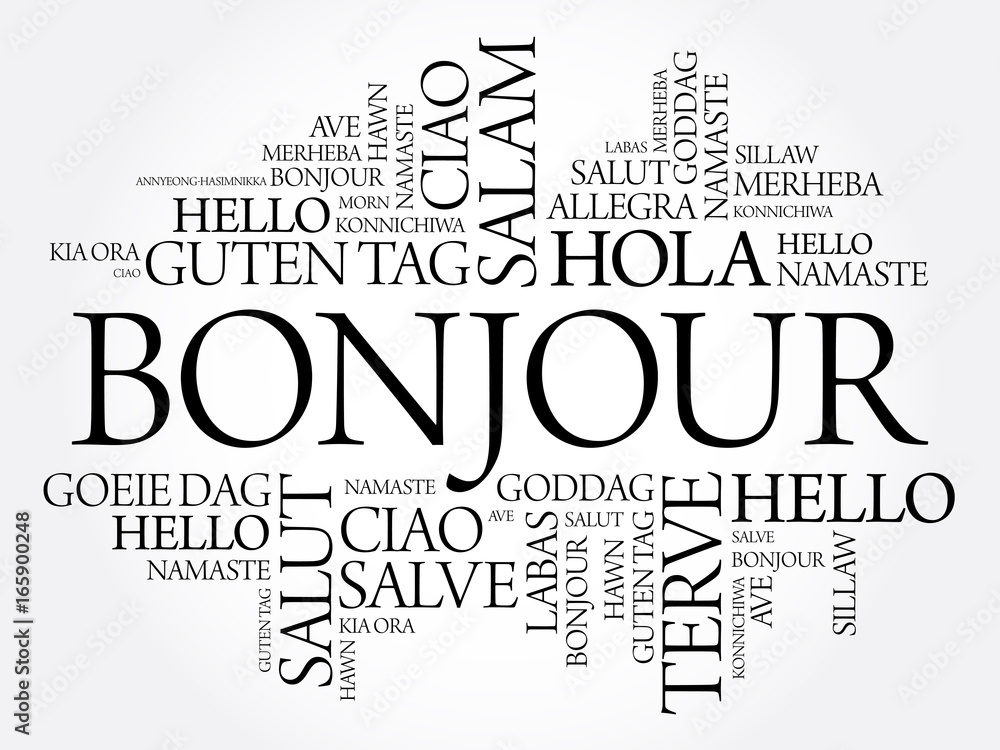 Bonjour (Hello Greeting in French) word cloud in different languages of ...