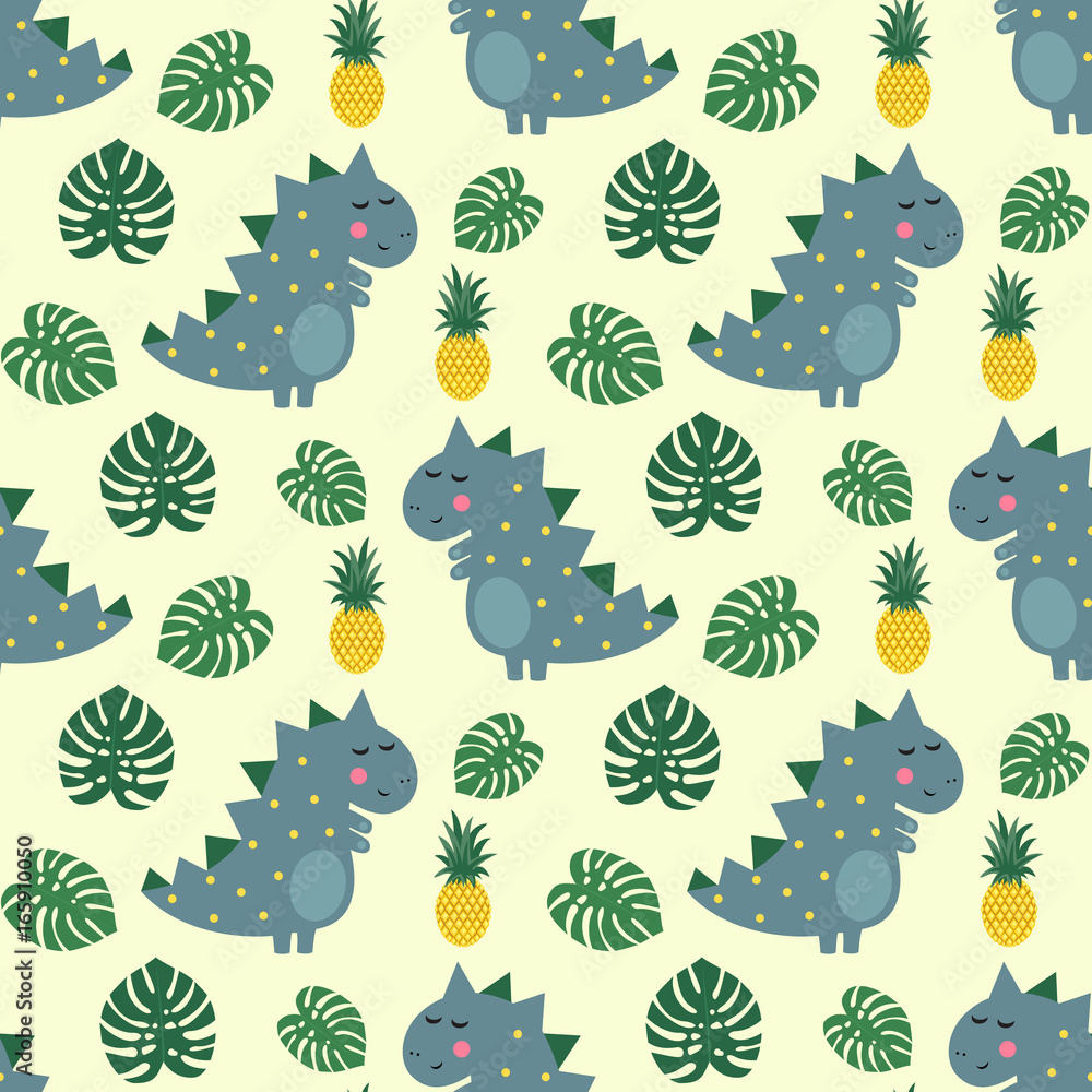 Cute dinosaur with pineapple and palm leaves seamless pattern. Vector ...