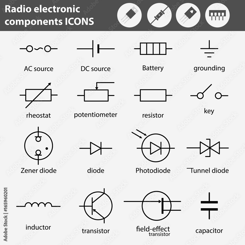 Electronic and radio components vector icon set in flat style Stock ...