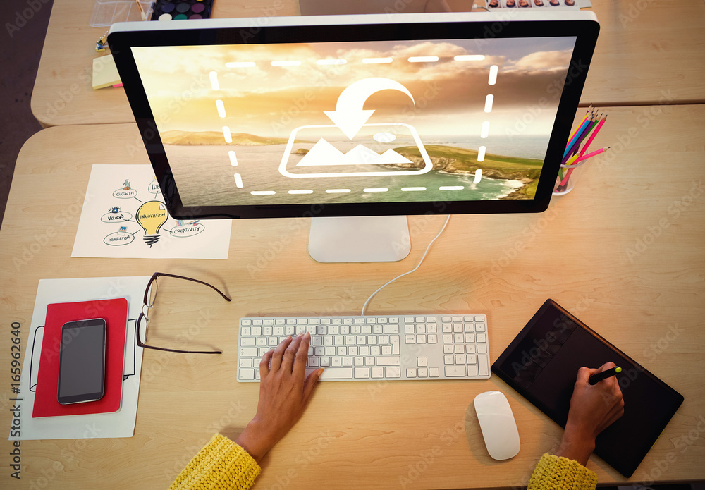 Creative Computer User with Drawing Tablet Mockup Stock Template ...