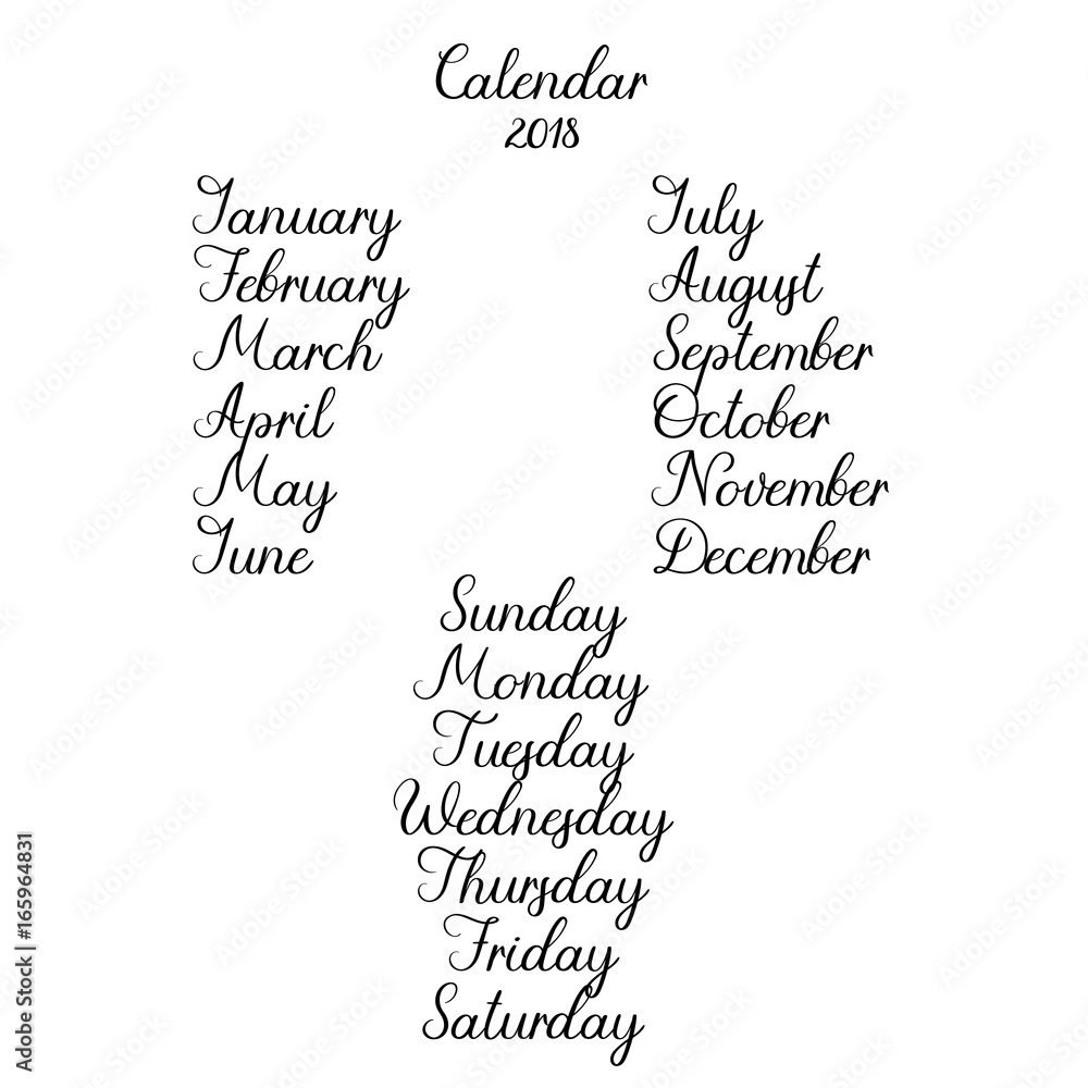 Handwritten names of months and days of the week. Brush calligraphy ...