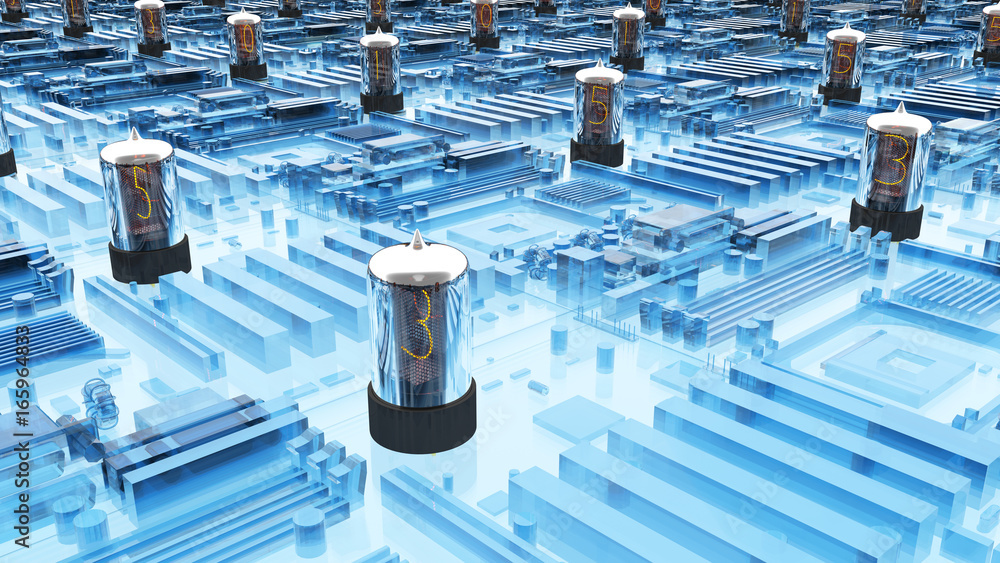 Futuristic circuit board with nixie tubes. 3D rendering Stock ...