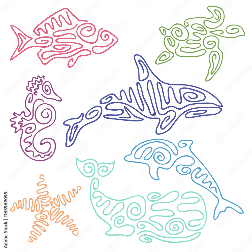 Line Art Sea Animals Stock Vector | Adobe Stock
