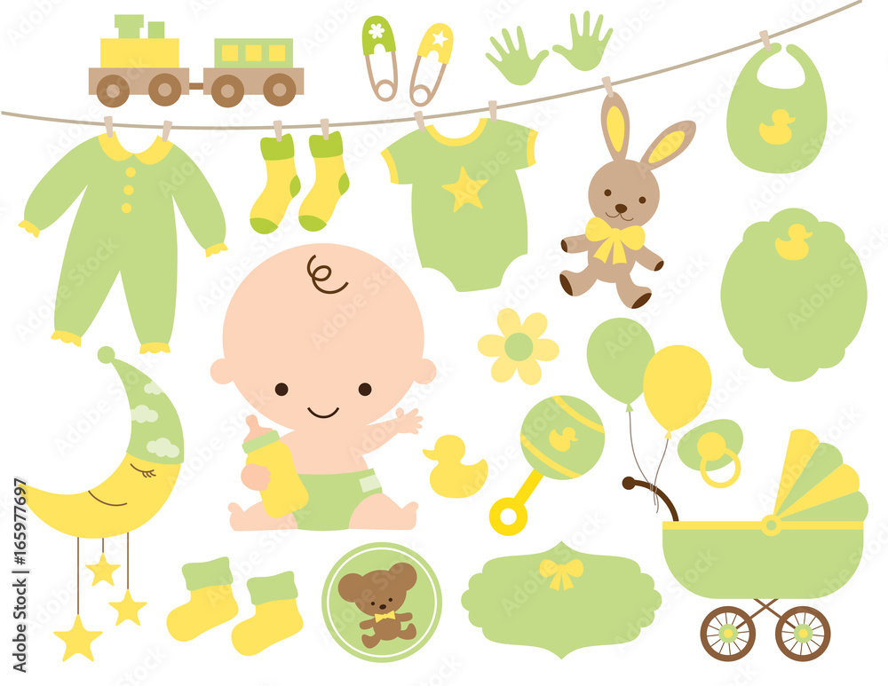 Cute baby and baby items in green and yellow vector illustration set ...
