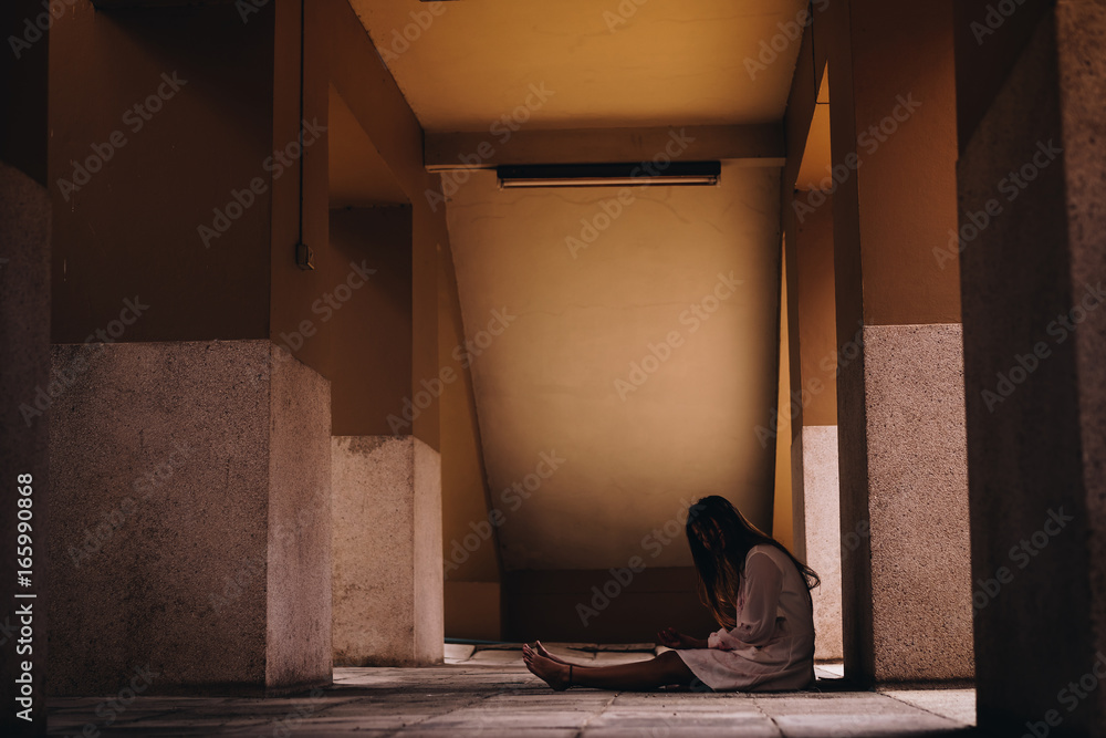 Zombie women death ghost sitting with blood, darkness background ...
