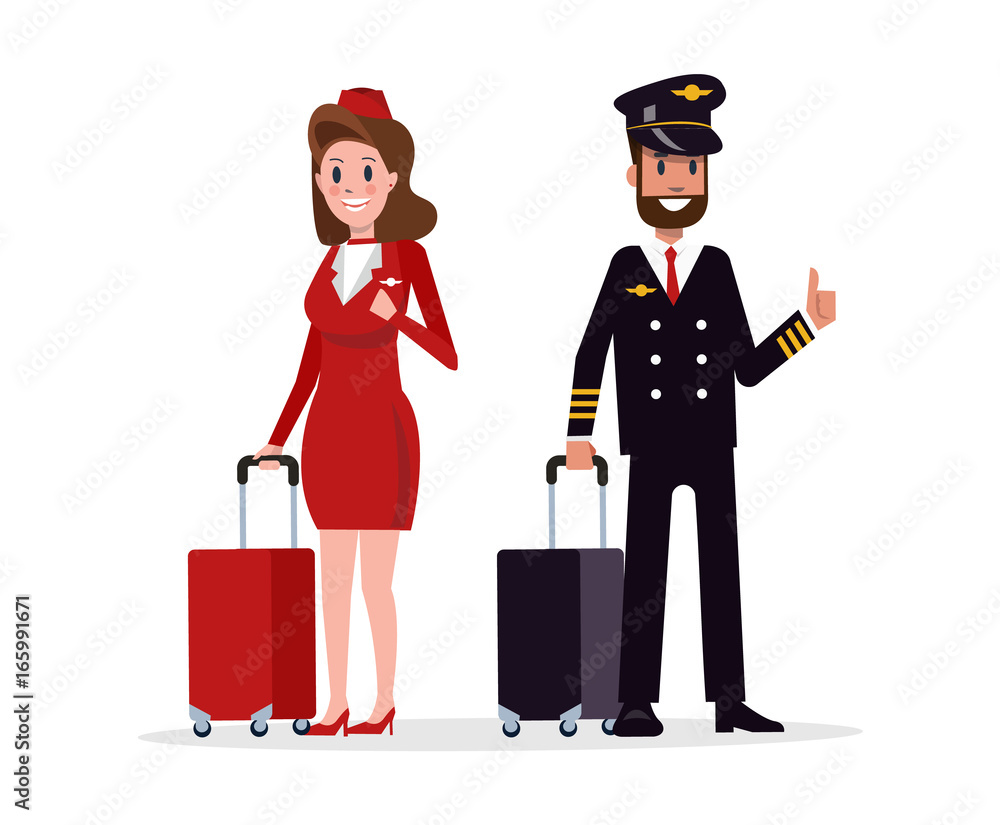 Airplane flight crew. Pilot, capitan and flying attendants. flat ...