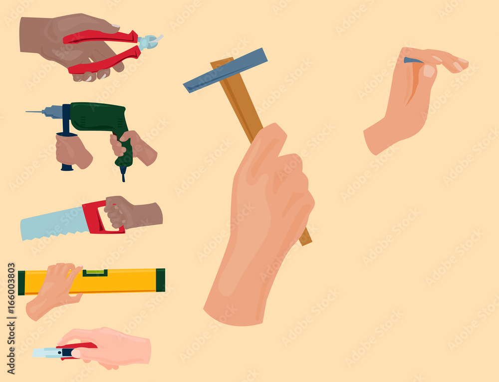Hands with construction tools vector cartoon style House renovation ...