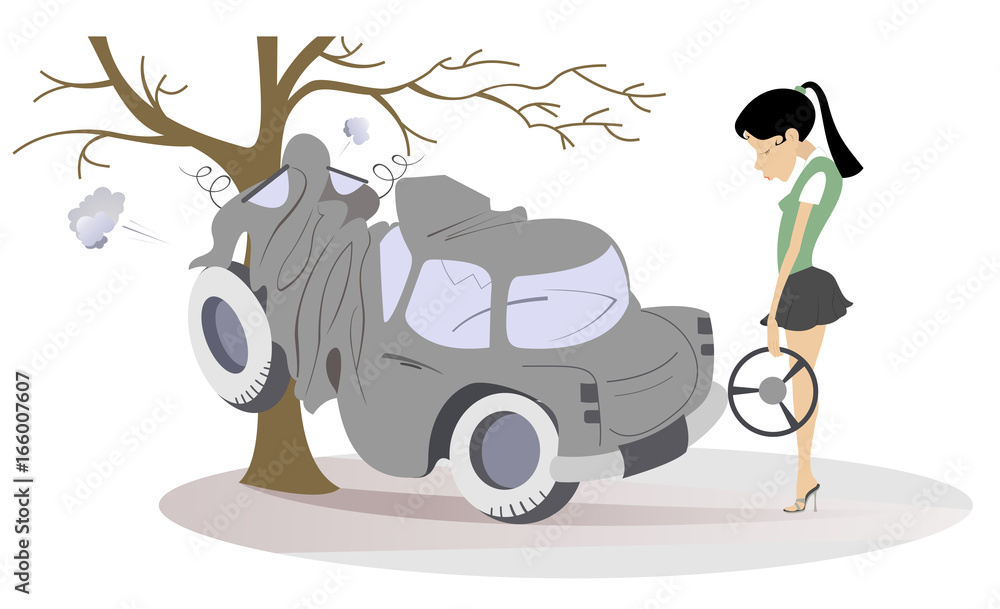 Cartoon young woman have got into a road accident. Upset young woman ...