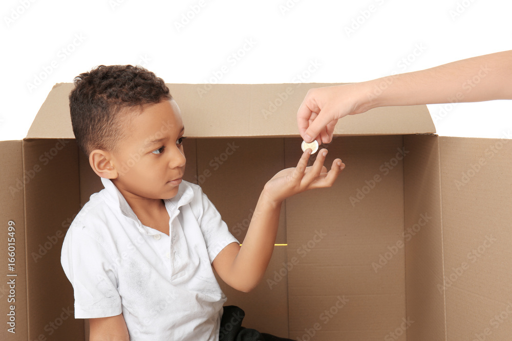 Cute little boy asking for handout on white background. Poverty concept ...
