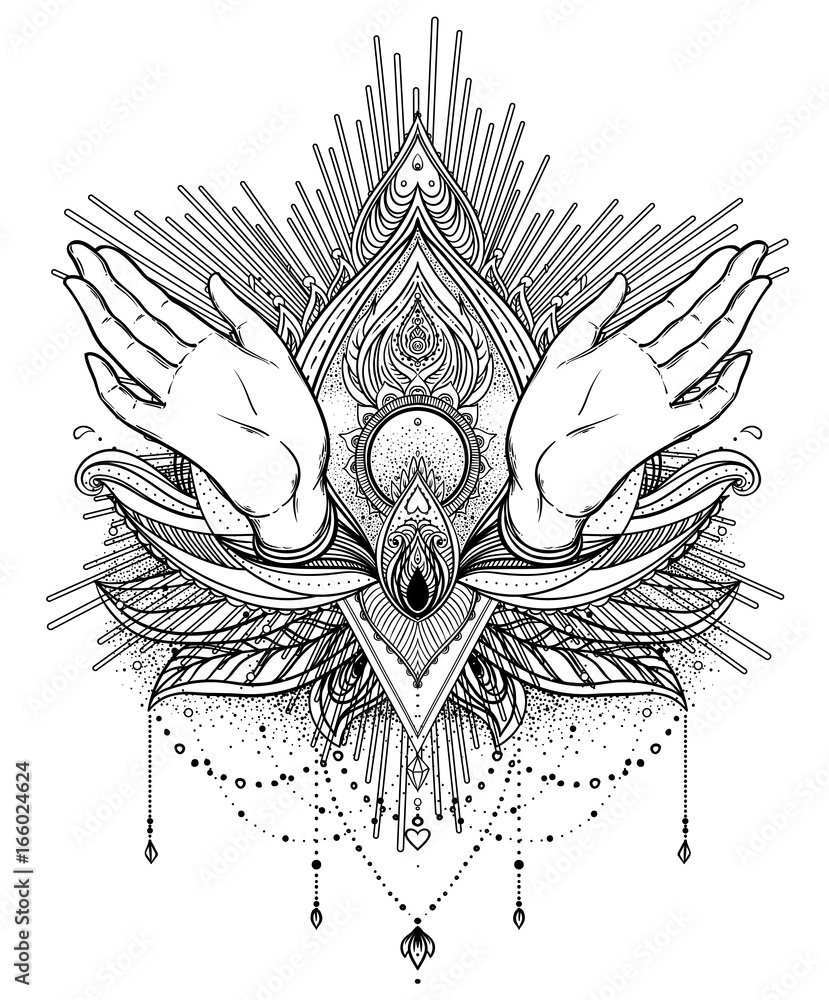 Vector ornamental Lotus flower and praying hands, patterned Indian ...