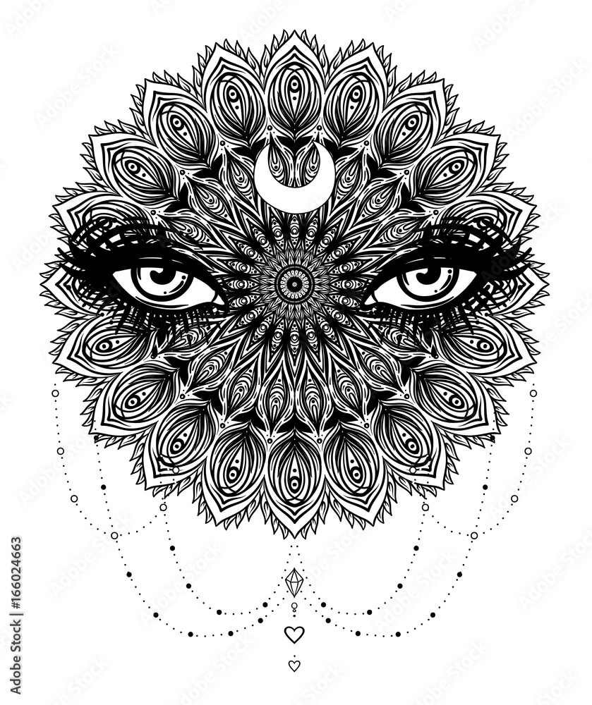 Vector ornamental Lotus flower, all-seeing eye, patterned Indian ...