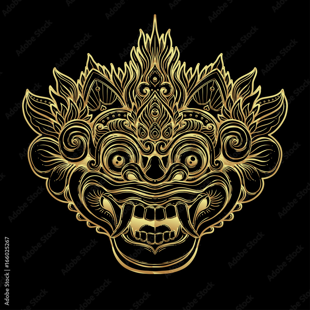 Barong. Traditional ritual Balinese mask. Vector decorative ornate ...