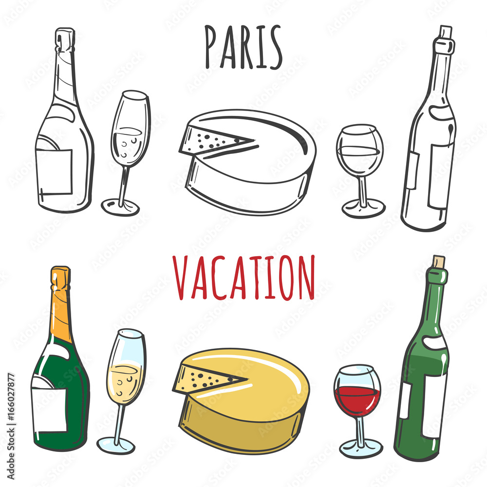 Coloring page Paris vacation with popular french food. Vector icons of ...