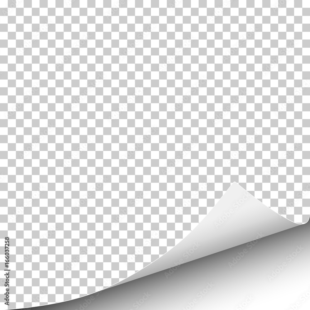 Sheet of transparent paper with curled lower right corner and white ...