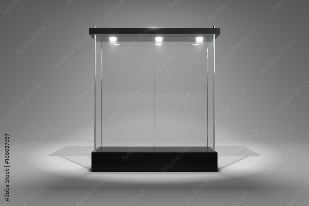 3D rendering glass cabinet front view for product show window close ...