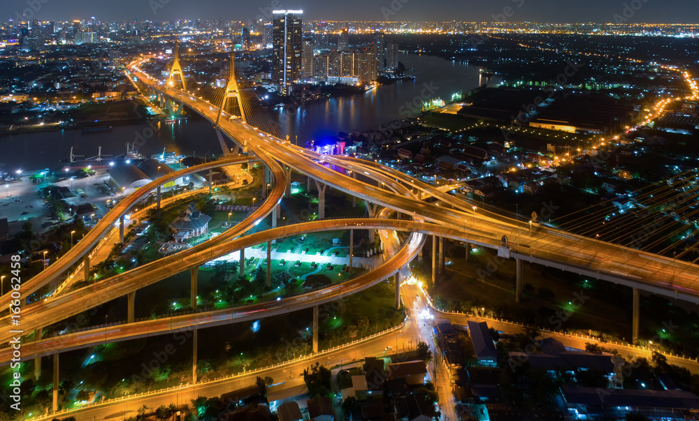 Aerial view over the highway,expressway and motorway at night, Aerial ...