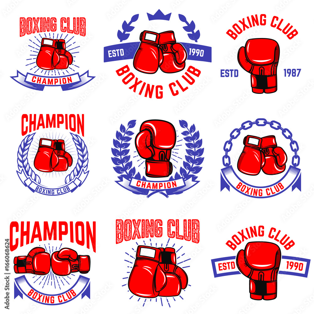 Set of boxing club emblems. Boxing gloves. Design elements for logo ...