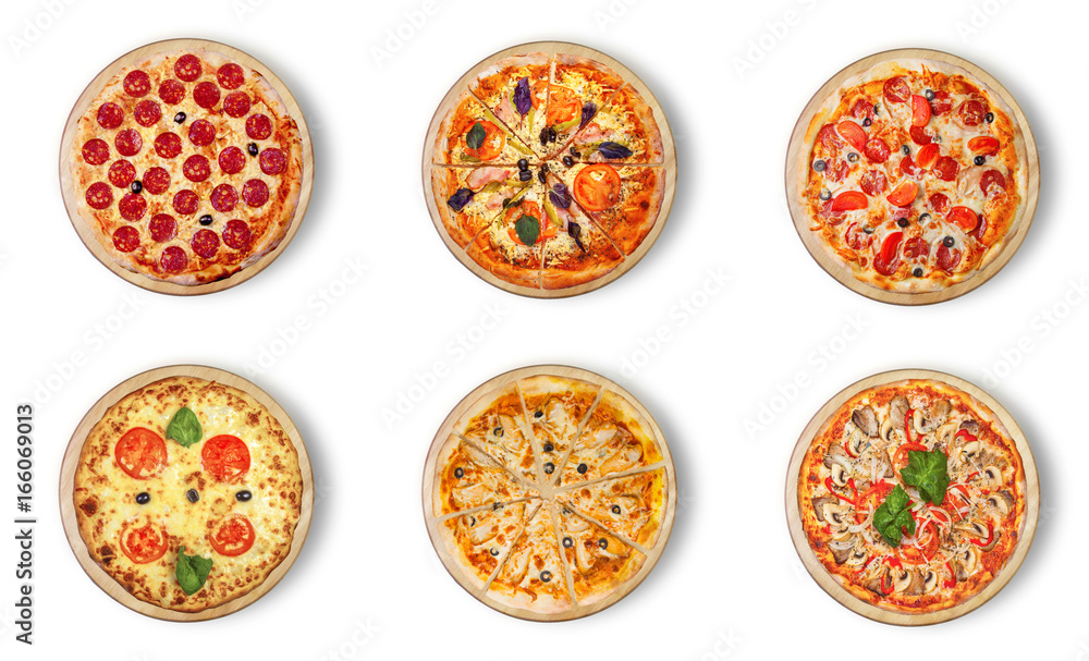 Six different pizza set for menu. Meat pizzas with 1)Pepperoni 2)Pizza ...