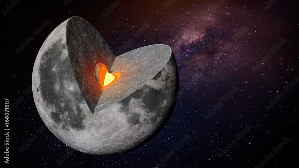Moon structure, crust, mantle, core, in front of a star field Stock ...