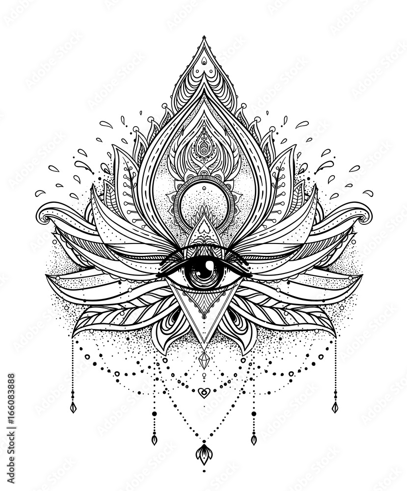 Vector ornamental Lotus flower, all-seeing eye, patterned Indian ...