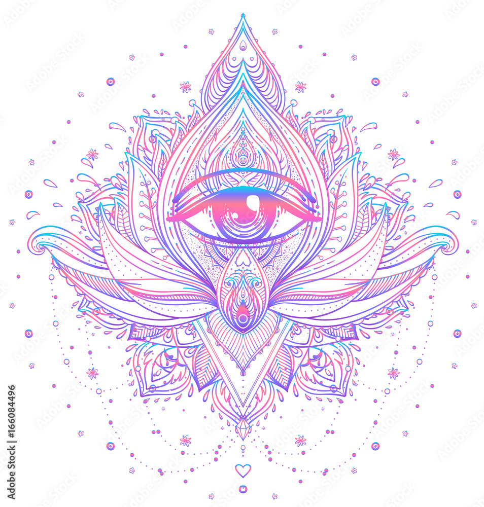 Vector ornamental Lotus flower, all-seeing eye, patterned Indian ...