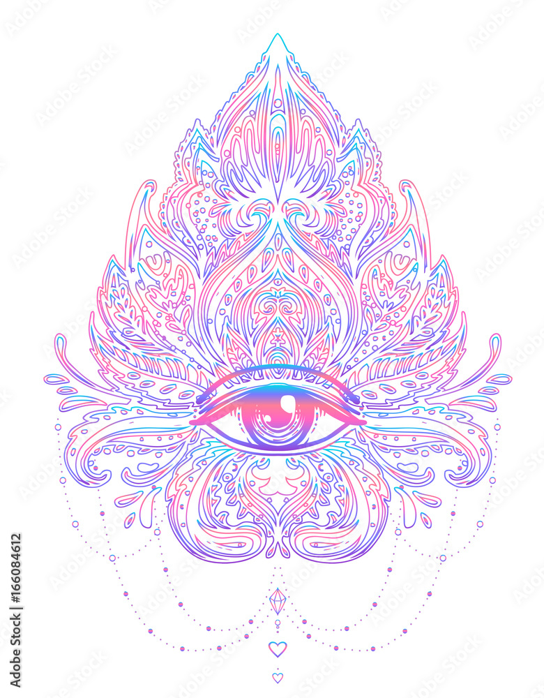 Vector ornamental Lotus flower, all-seeing eye, patterned Indian ...
