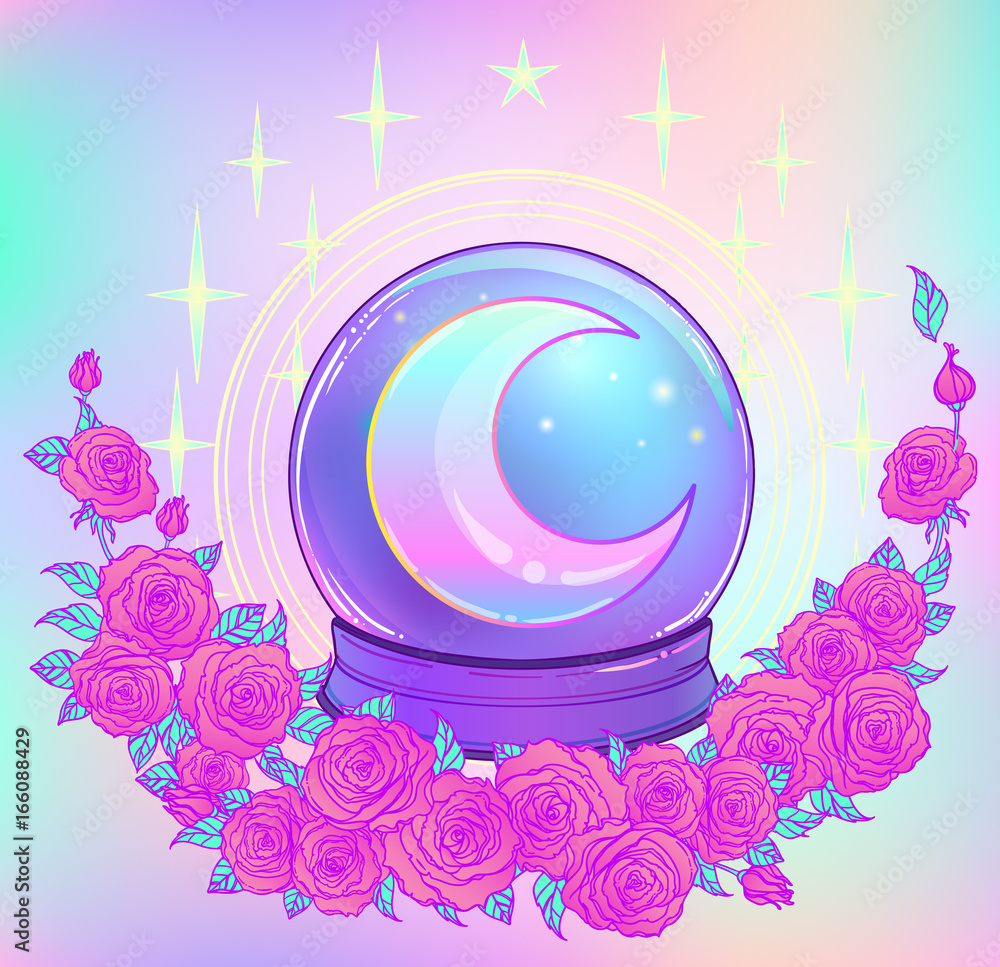 Crystal Ball with with rainbow moon and colorful stars isolated on ...
