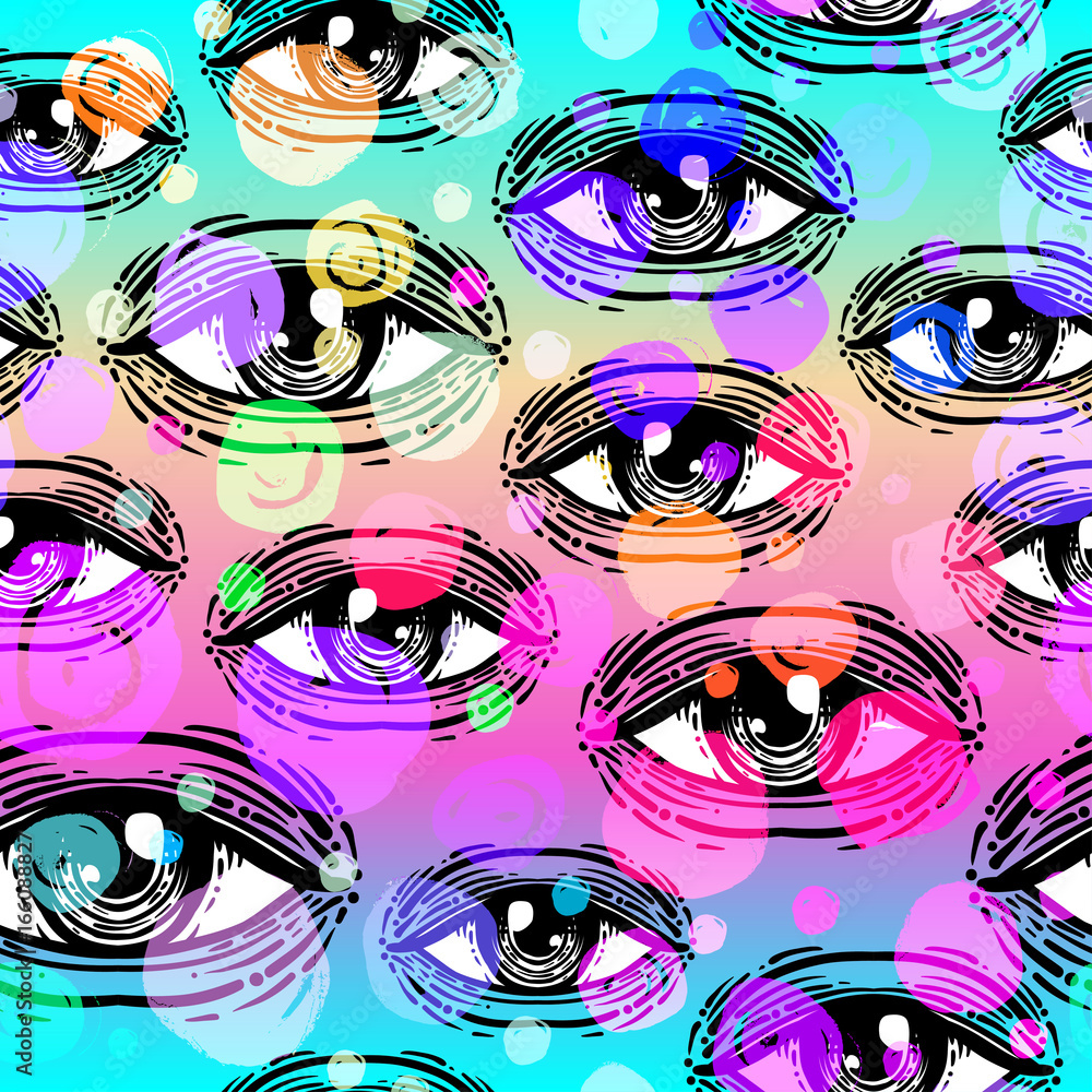 Eyes, seamless pattern in vintage psychedelic style. Ethnic background ...