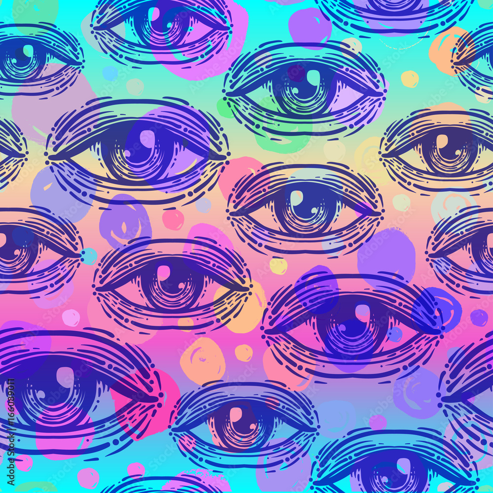 Eyes, seamless pattern in vintage psychedelic style. Ethnic background ...