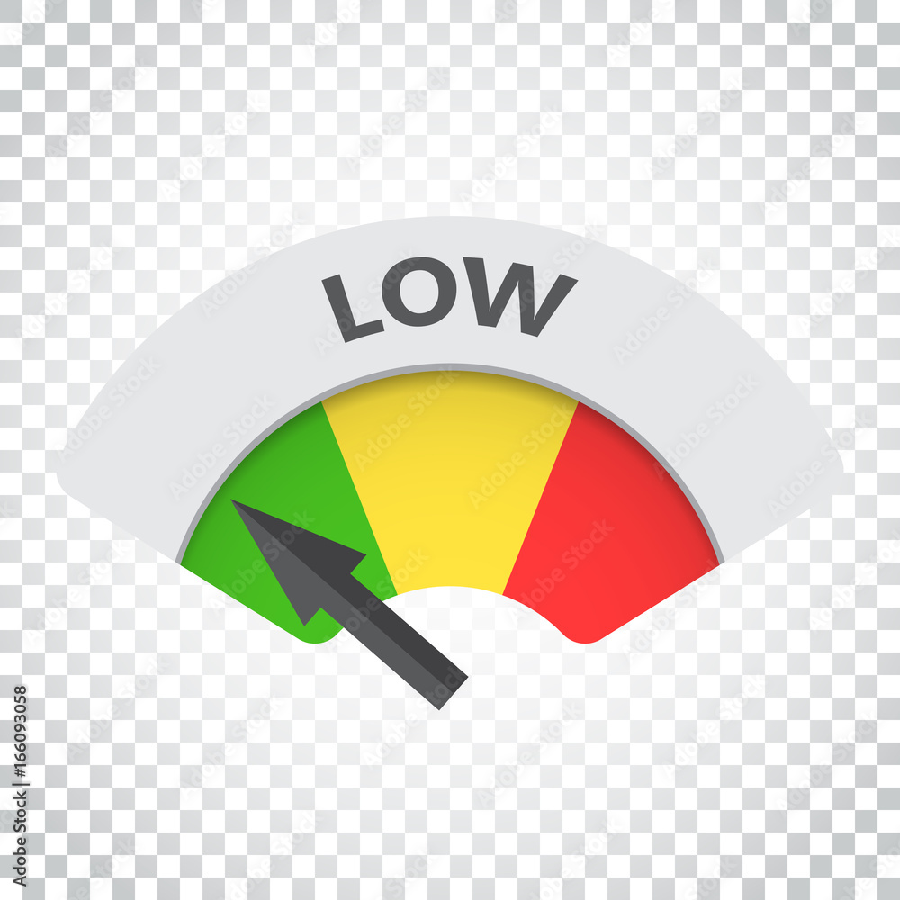 Low level risk gauge vector icon. Low fuel illustration on isolated ...