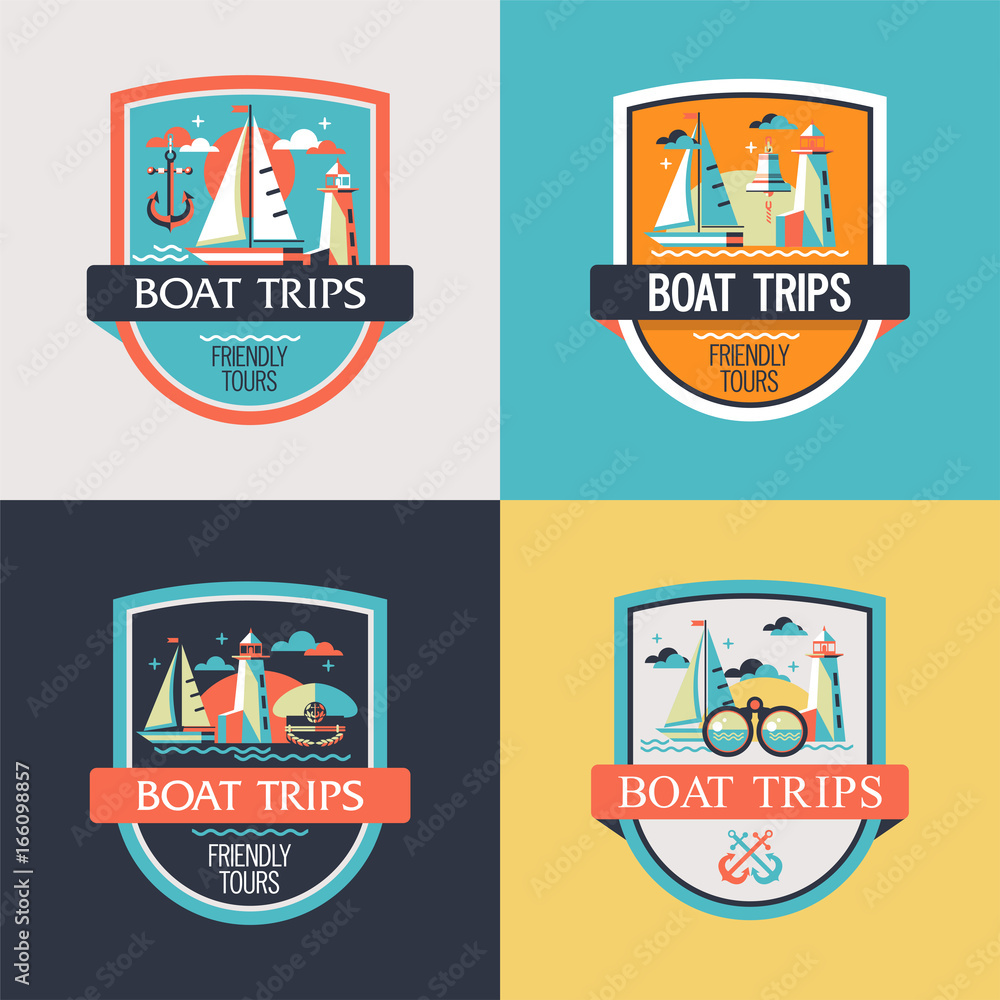 Set of vector logos and emblems. Walking on the sea on a yacht. Boat ...