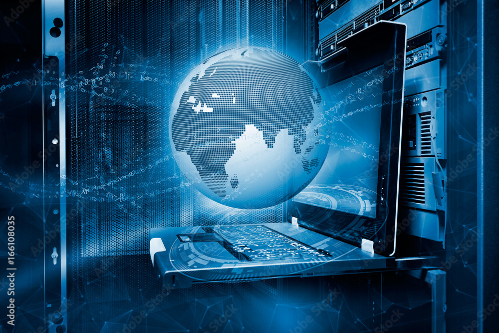 Concept of the planet earth surrounded by digital streams of waves with ...