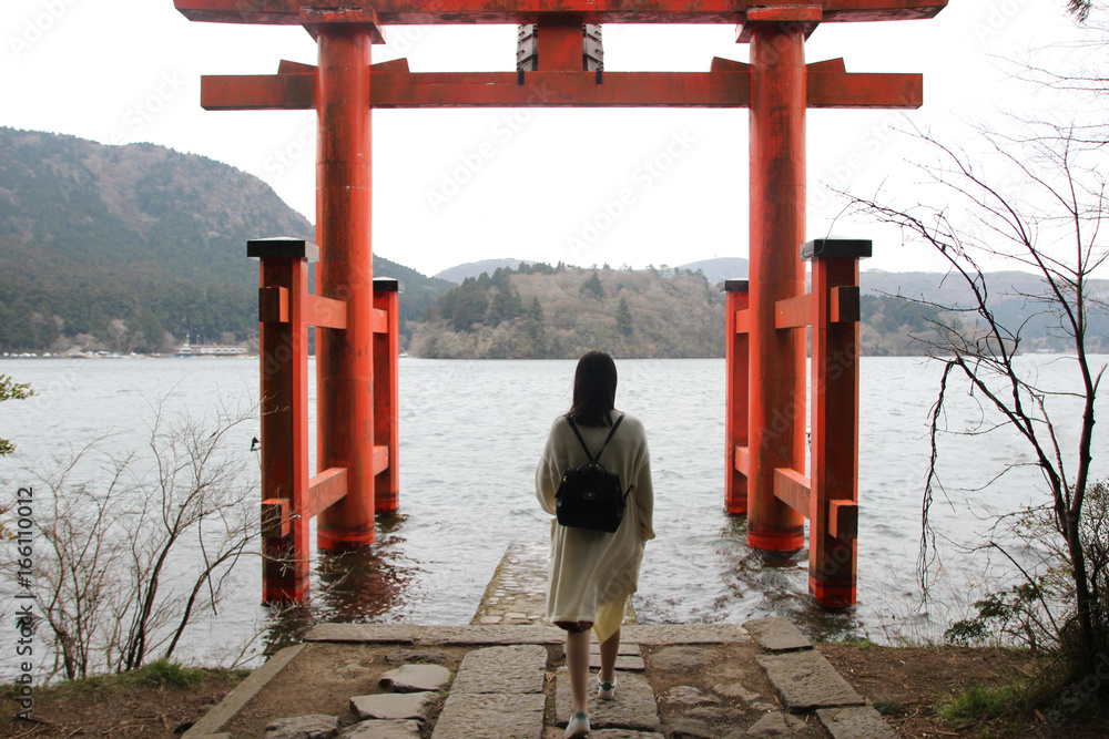 Japanese girl back, torii of Hakone, Japan Stock Photo | Adobe Stock