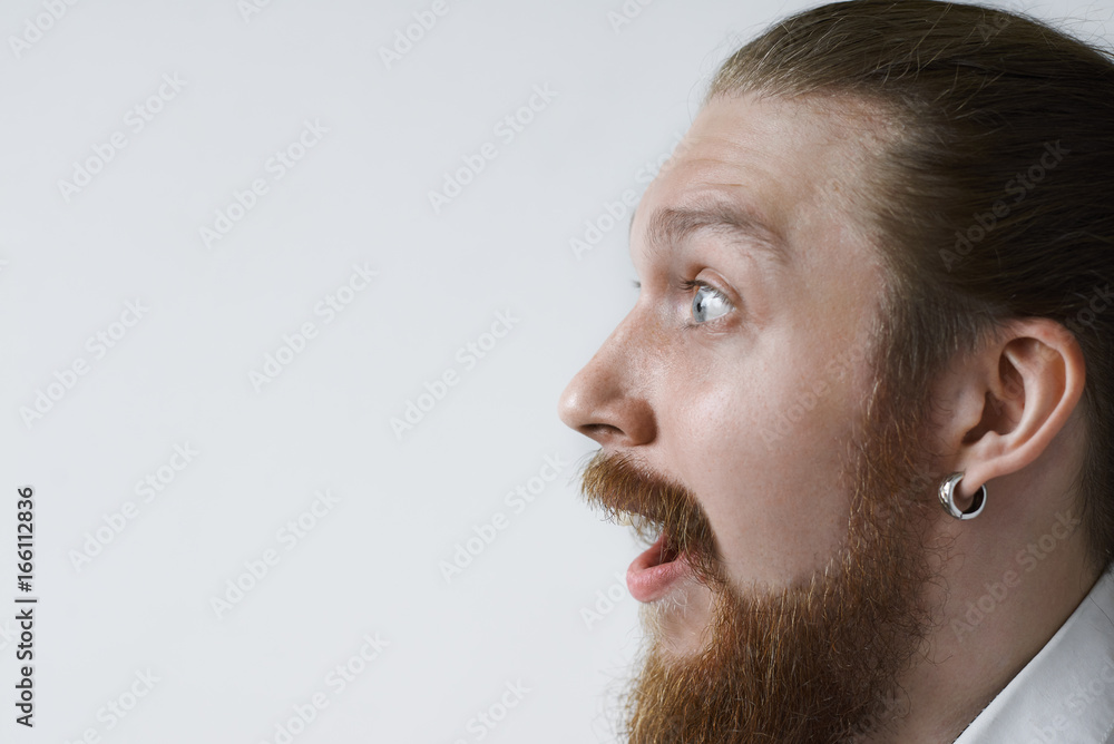Close up profile picture of excited young office worker with mustache ...