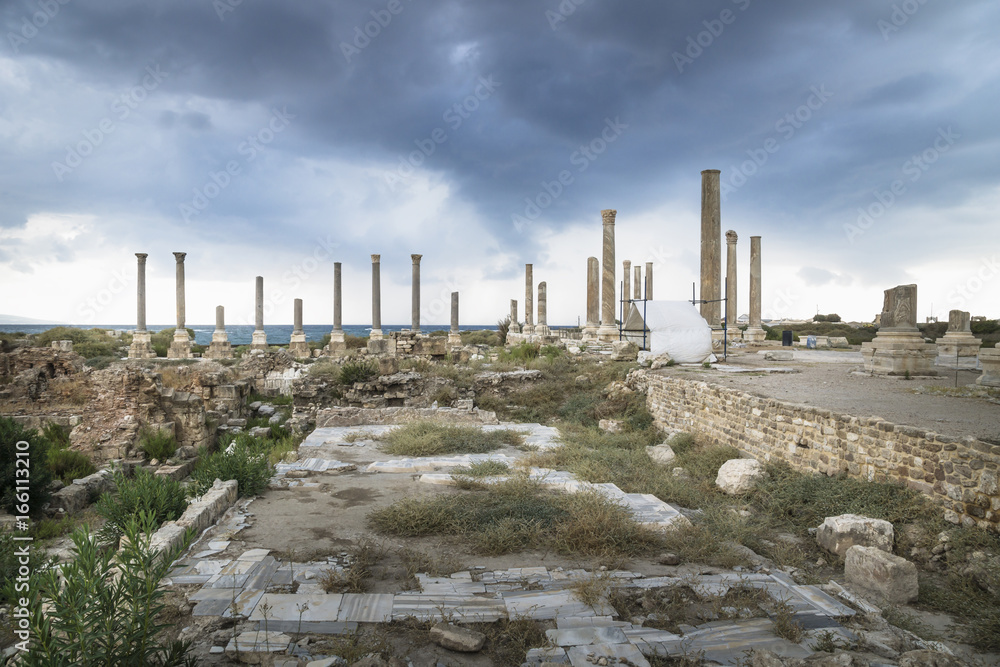 Pillars in the roman ruins with dramatic cloudscape in Tyre, Sour ...