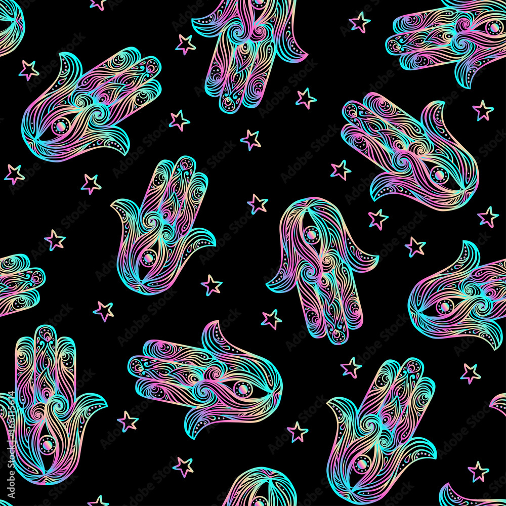 Sacred hand drawn hamsa symbol seamless pattern. Popular Arabic and ...