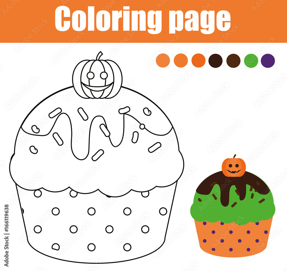 Coloring page with halloween cupcake. Drawing kids activity. Stock ...