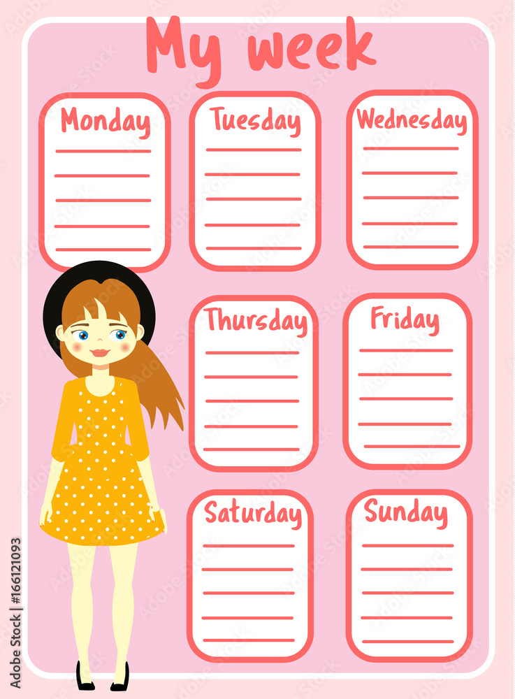 Kids timetable with beautiful teen character. Weekly planner for girls ...
