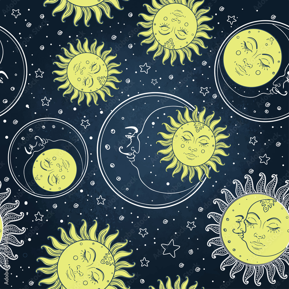 Sun and moon vector seamless pattern with stars. Vintage style ...